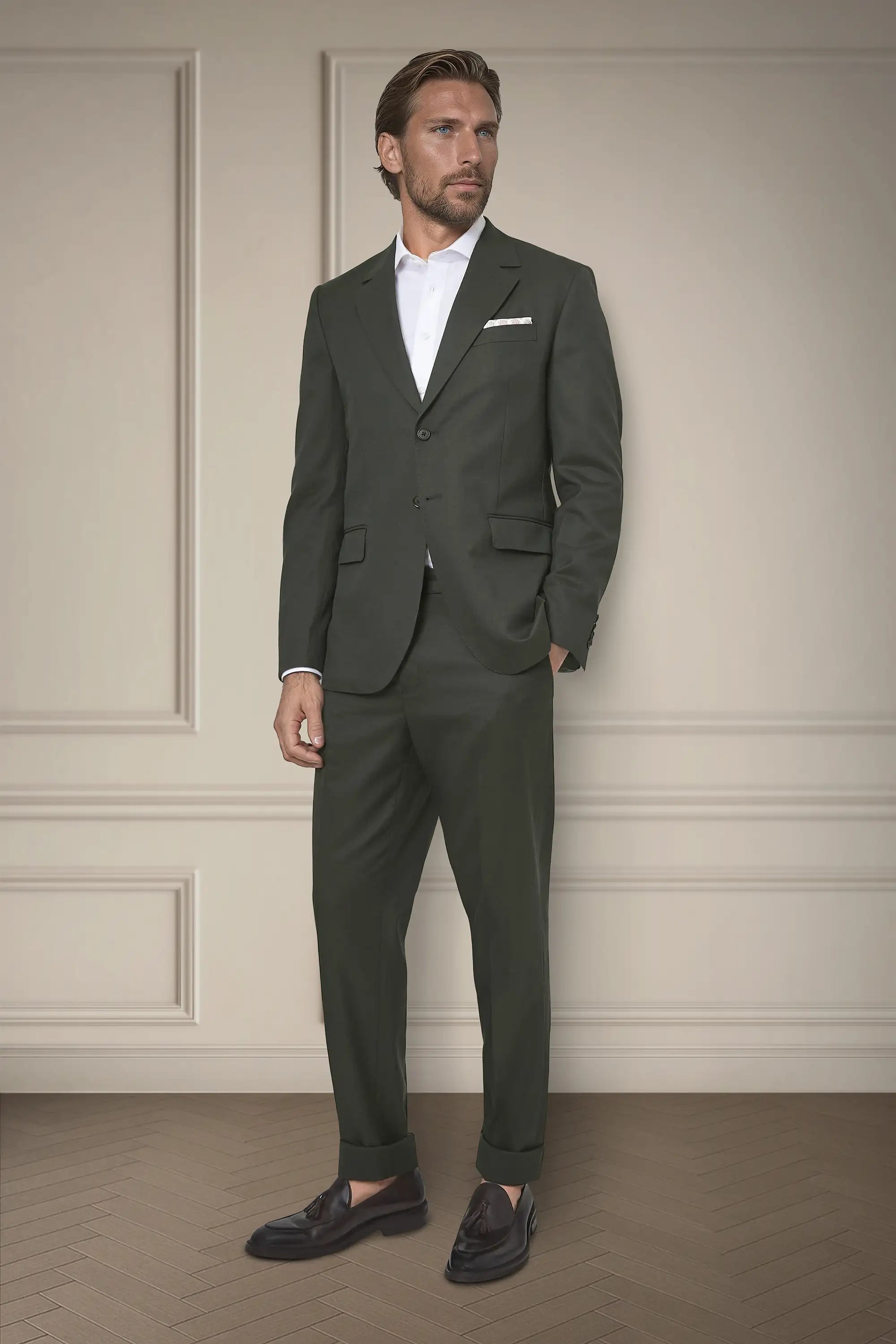 Malpensa Performance Wool Cotton Suit - Olive | Modern Ambition